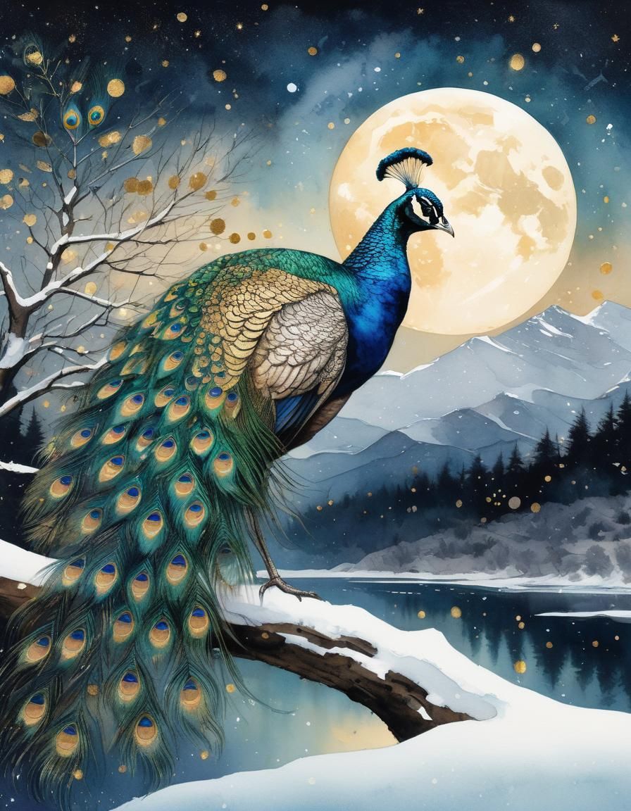 Light pastel watercolour splash art of a beautiful peacock perched on a ...