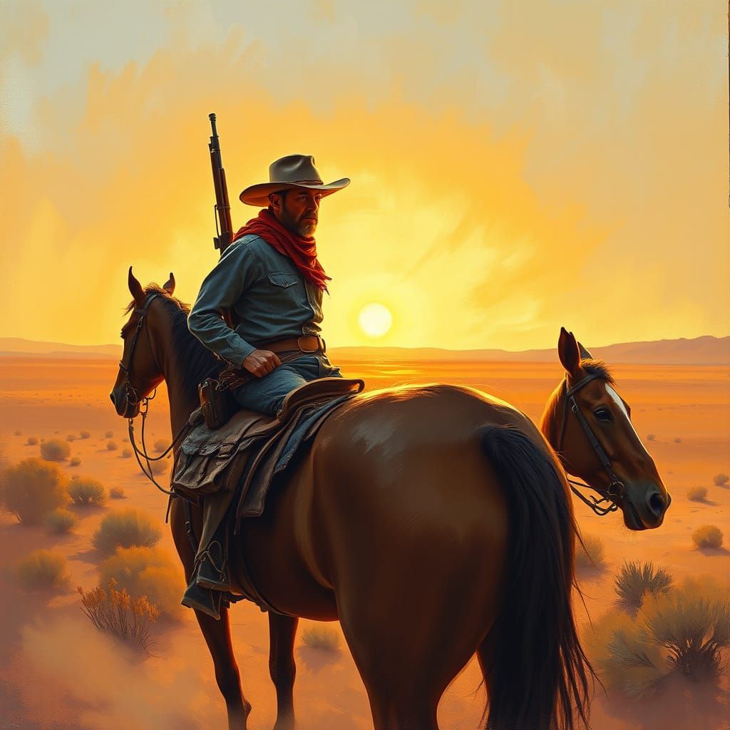 Lone Cowboy Rides Majestically Through Wild West S... - AI Art