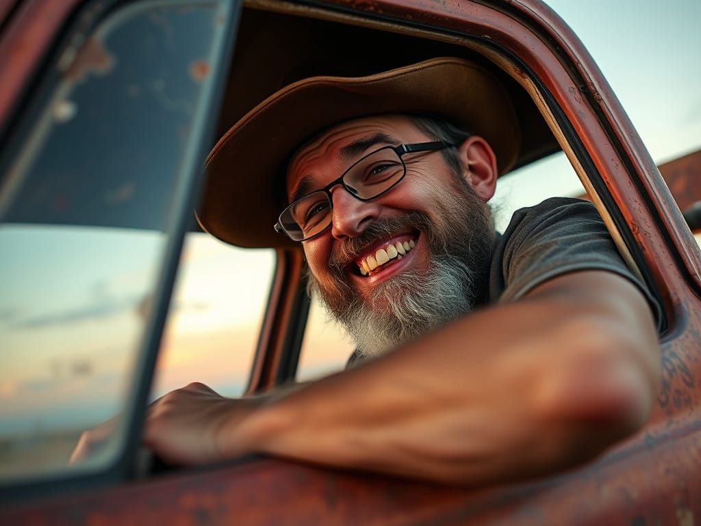 Fat nasty smiling redneck drives the old rusty truck, close-up, sunset