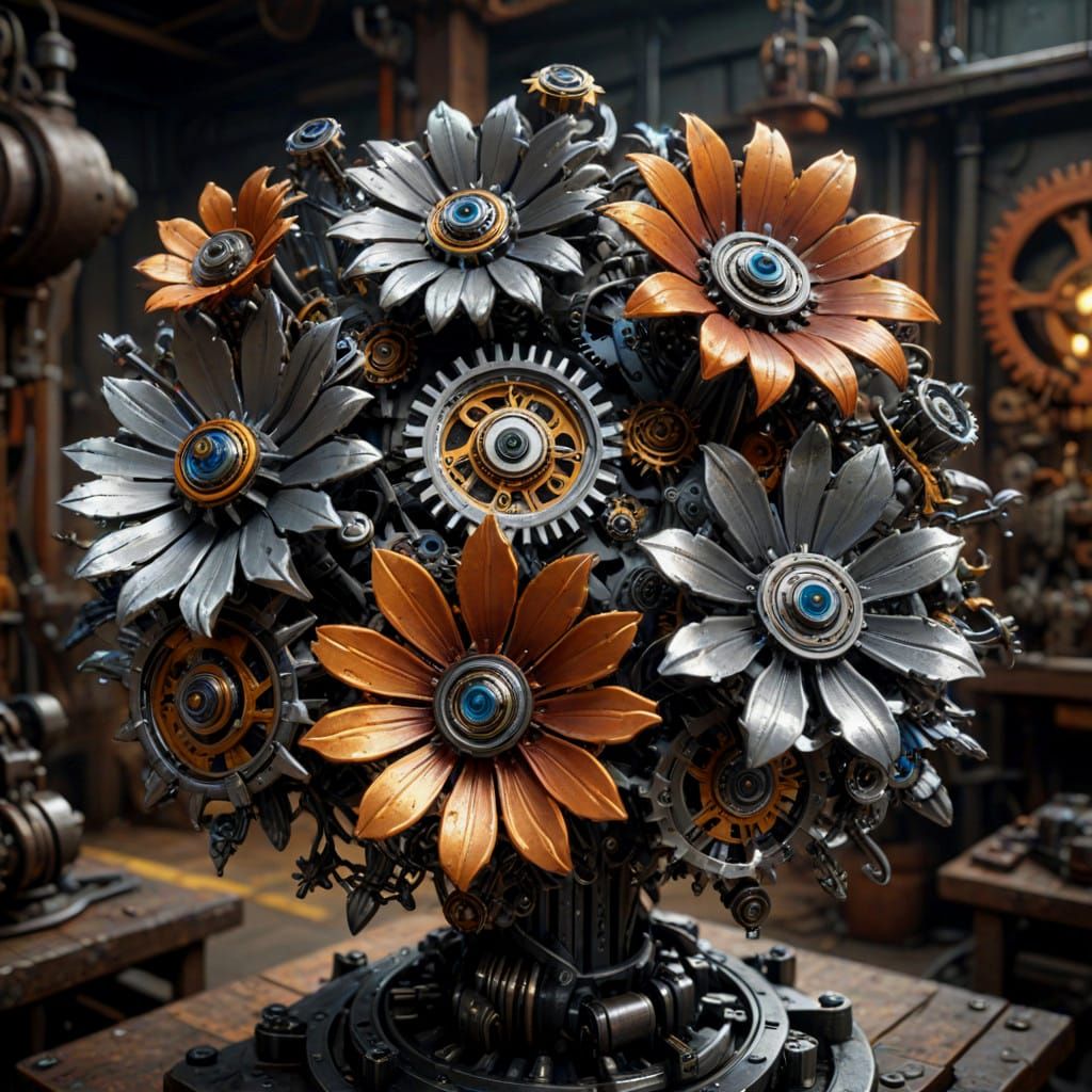 Iron Bouquet - Clockwork Blossoms in a Gears Workshop