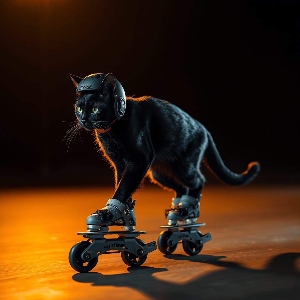 cat rollerblading - Sleek Black Cat Speeds on Rollerblades i...