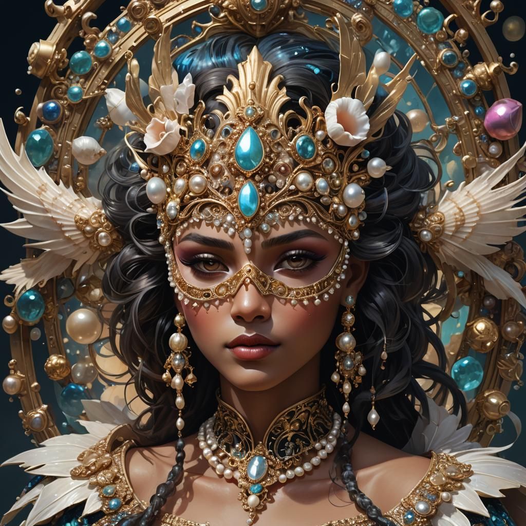 a princess with an opulent gem encrusted masquerade mask adorned with ...