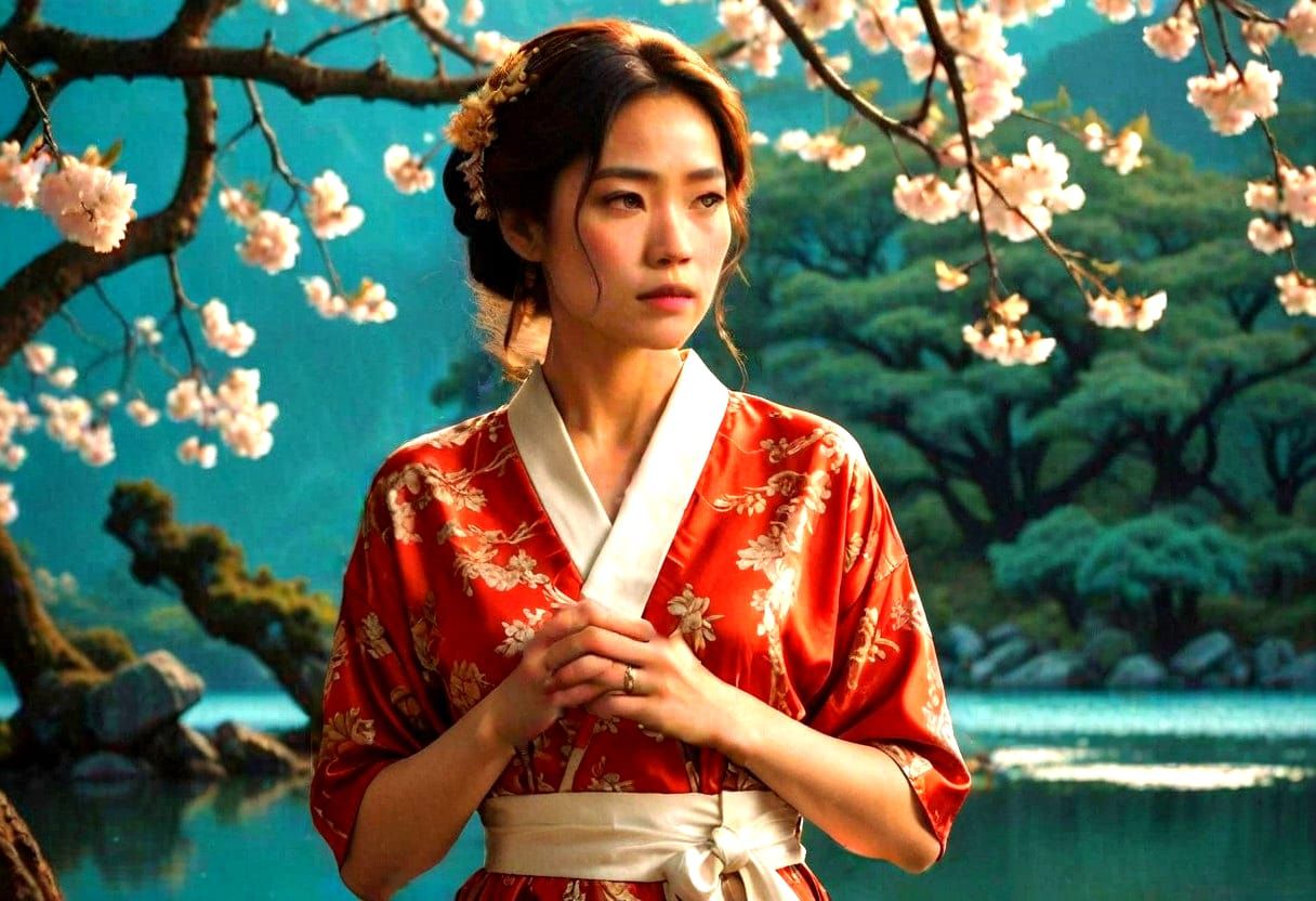 Anna Sawai as Lady Mariko-sama near a lake and a cherry tree in Shogun.