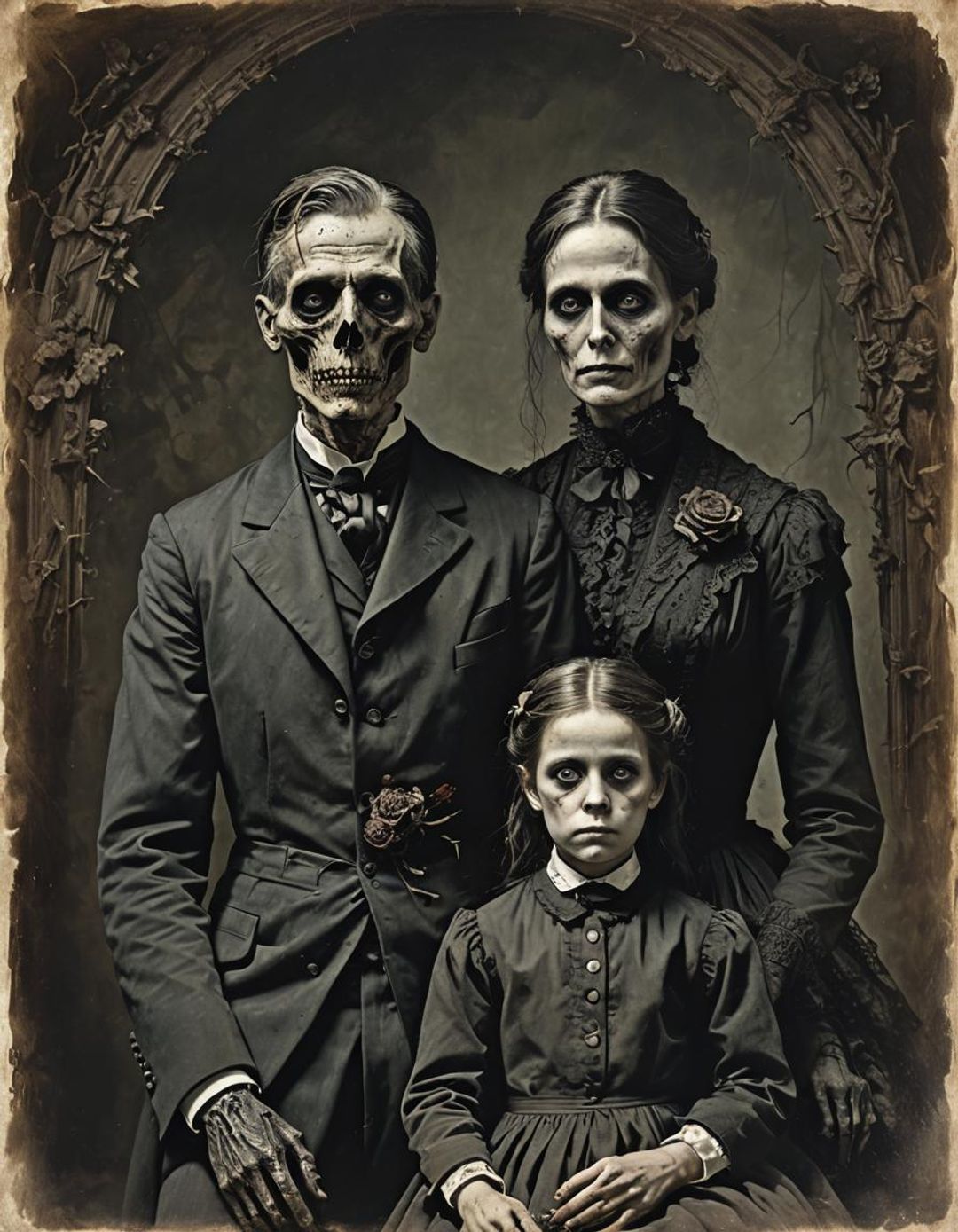 dark victorian dead family of three portrait funeral post mortem rotting horror - AI Generated ...