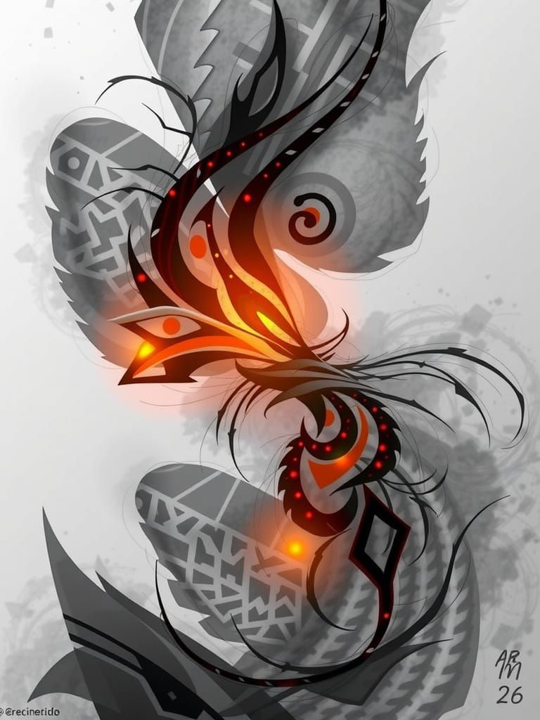 Surreal Neo-Tribal Feather Tattoo in Black and Whi... - AI Art