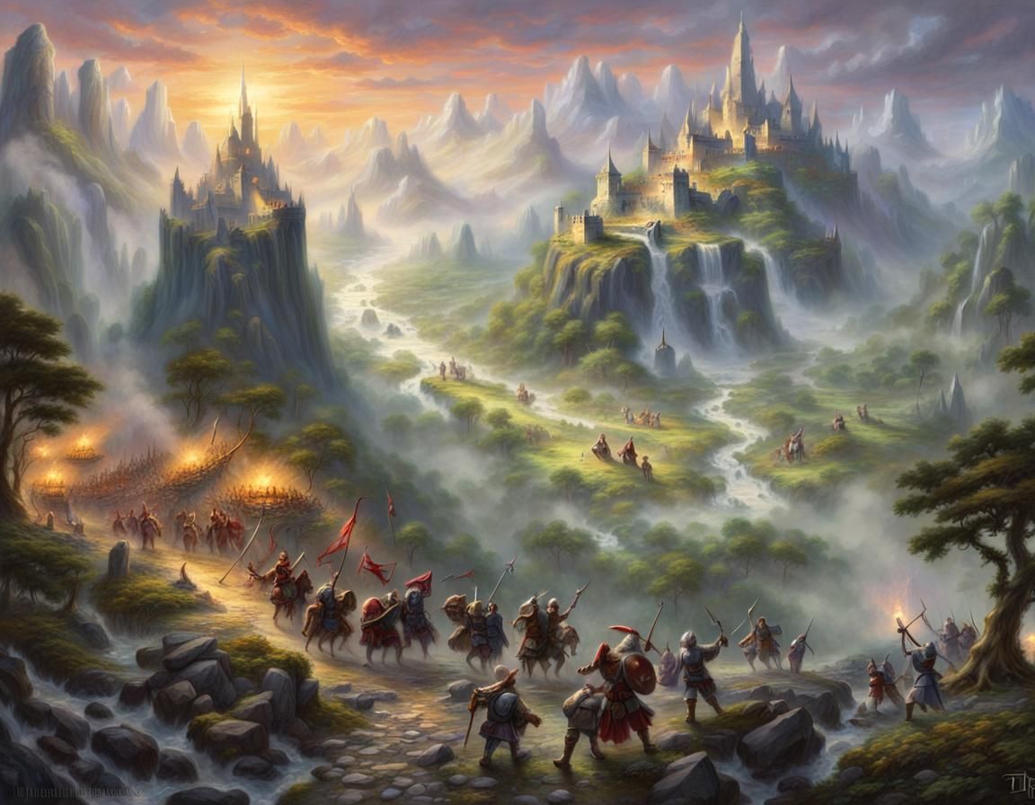a dungeons and dragons fantasy landscape, a battle of humans, elves ...