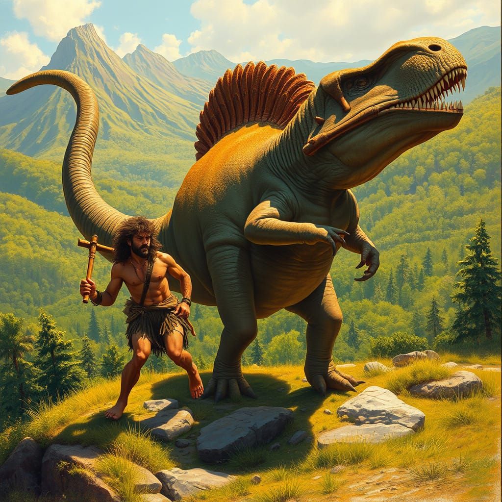 painting of a caveman dragging a sleeping dinosaur by the tail