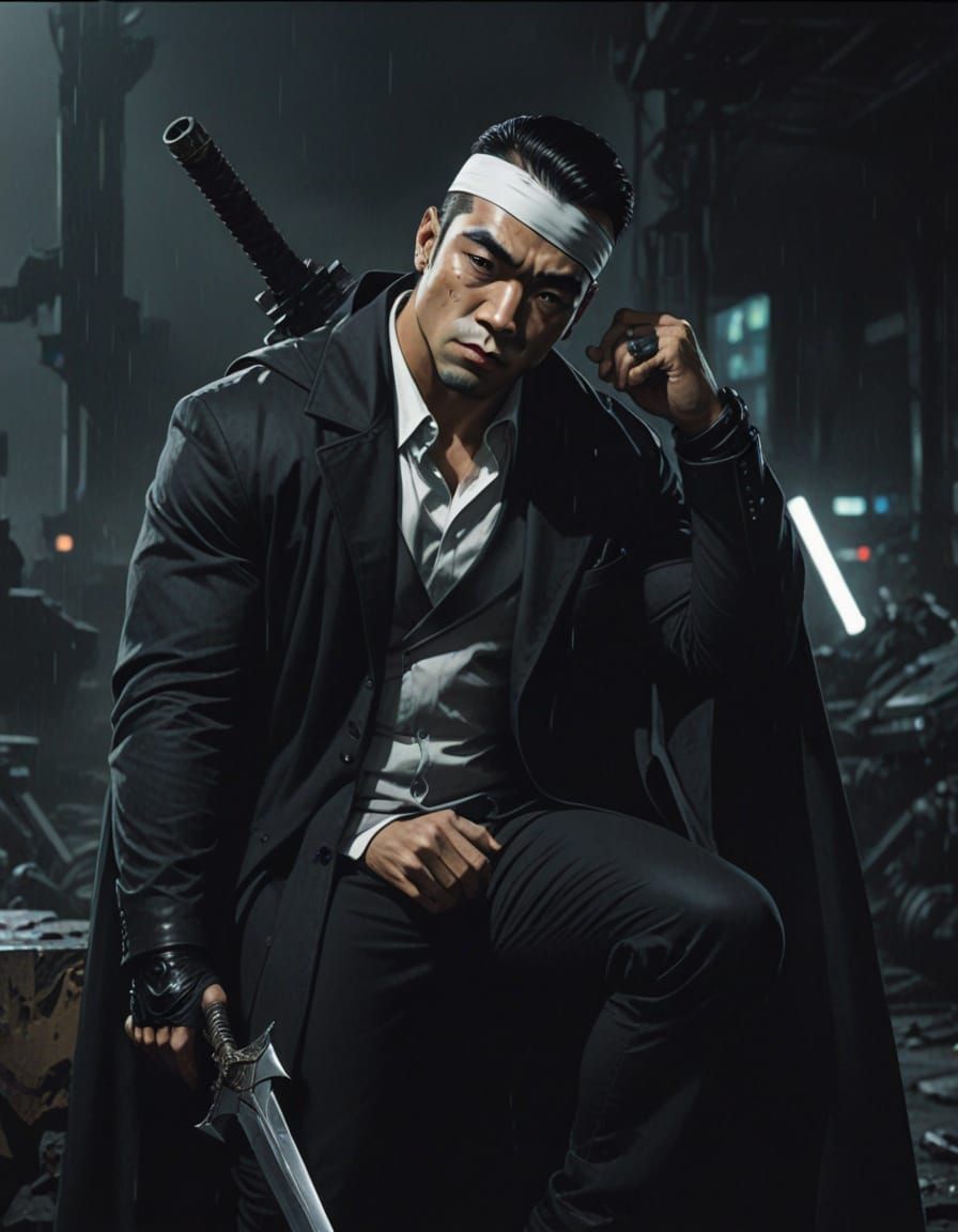 Cyberpunk Vigilante in Dark, Sleek Lair - AI Art