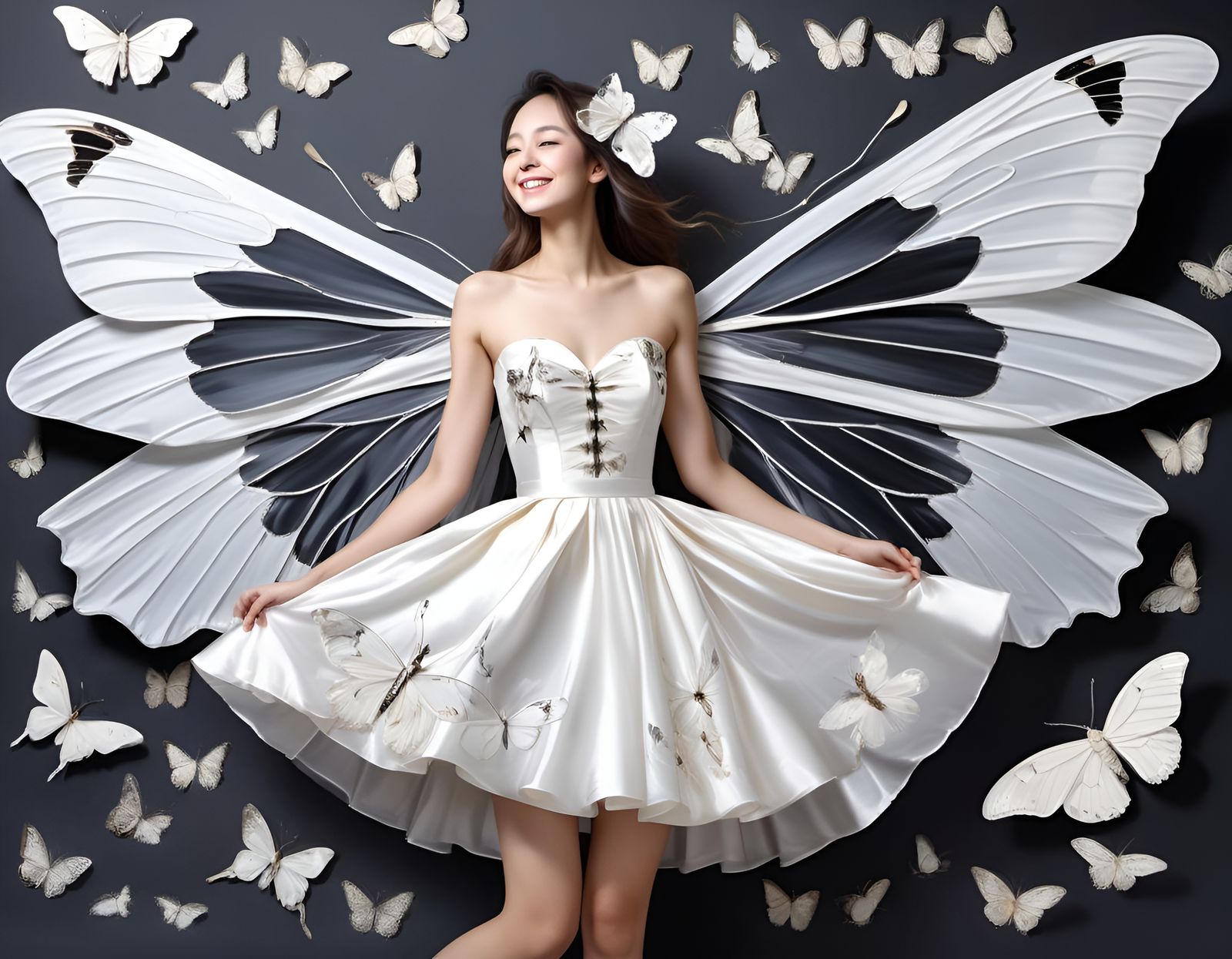 Silk moth style silk fabric decorated with white moths. (how to do attractive pose on photo:3.0 ...