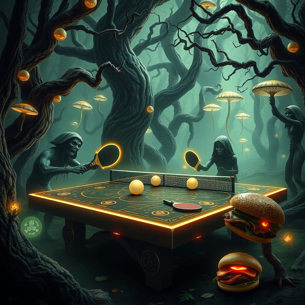 Table Tennis Match in a Cursed Sacred Forest - AI Art