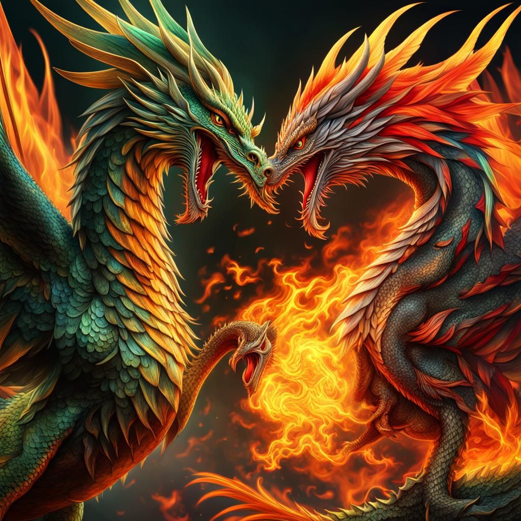 Dragon-phoenix fight in fire - AI Generated Artwork - NightCafe Creator