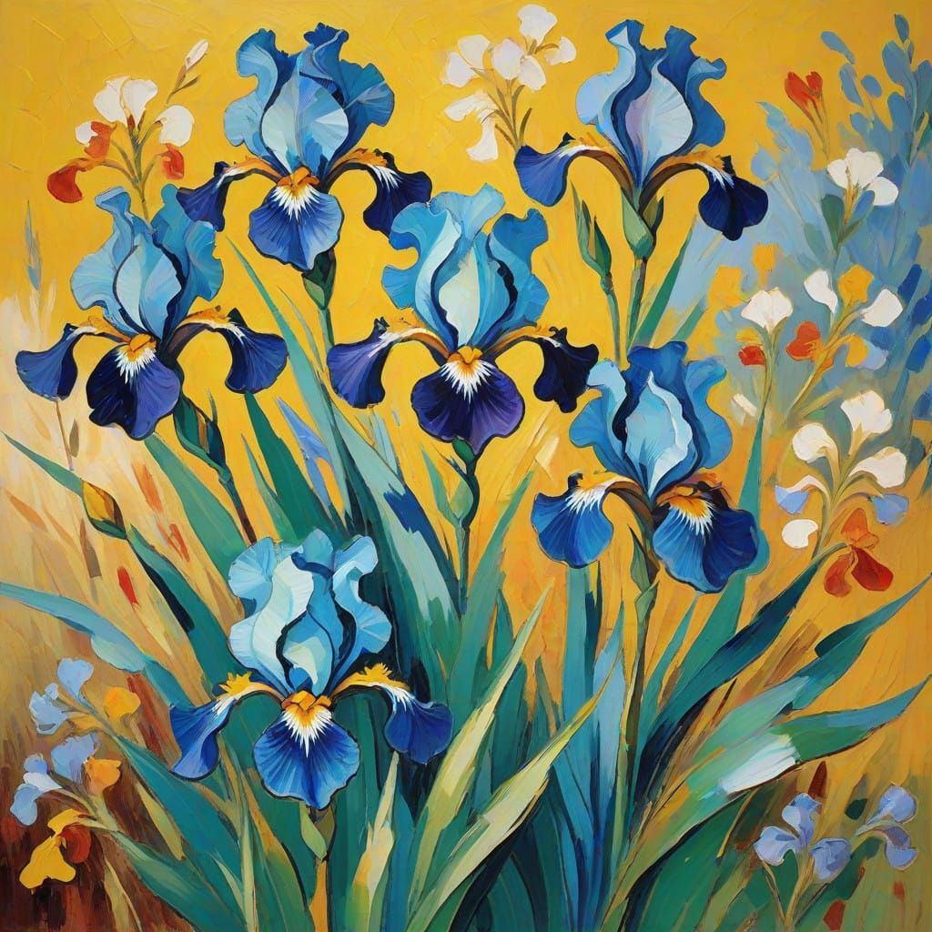 Irises. - Expressive Blue Irises in Bold Neo-Impressionist S...