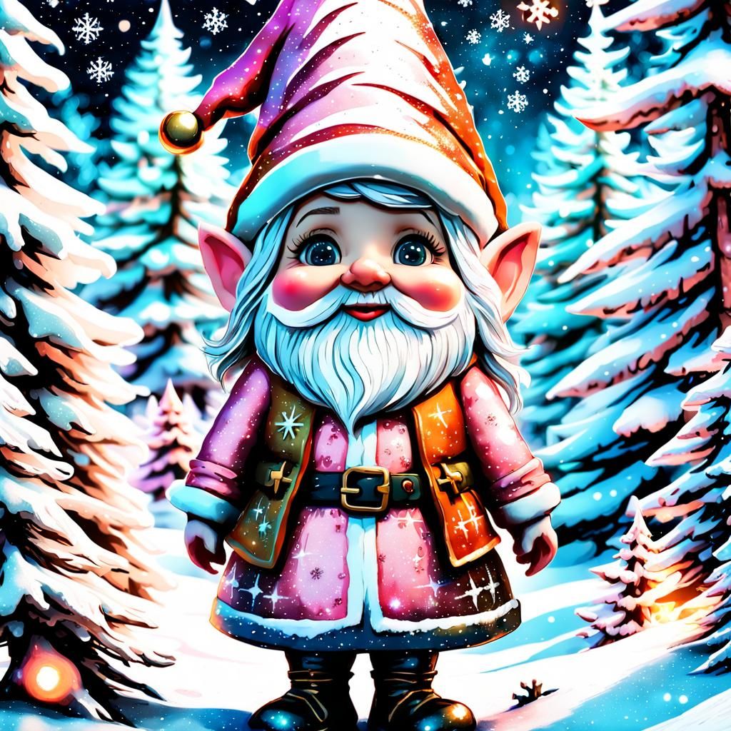 one little gnome santa in a Winter starry Forest Exploration, Surreal, Rococo+watercolor Fusion ...