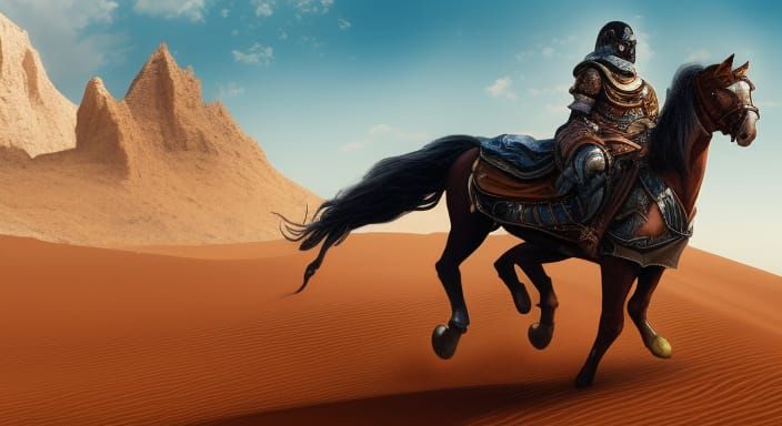 iron mask knight riding a catafracted horse in the desert - AI ...