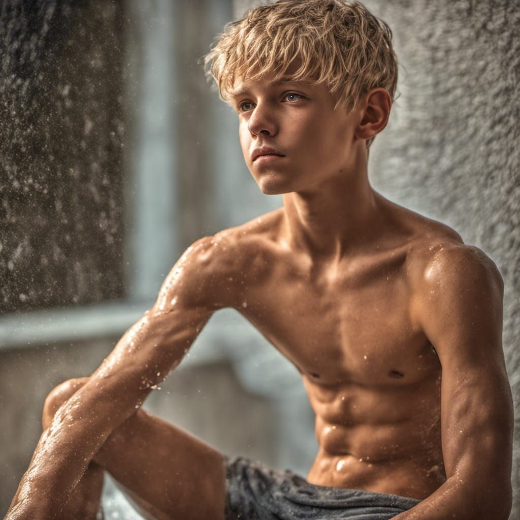 shirtless muscular blond boy 12yo full body abs beautiful face, after ...