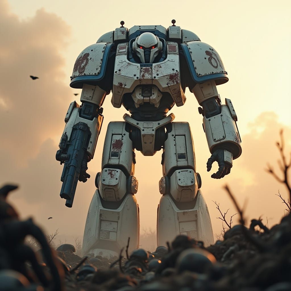 Giant space marine dreadnought standing on a battlefield with dead ...