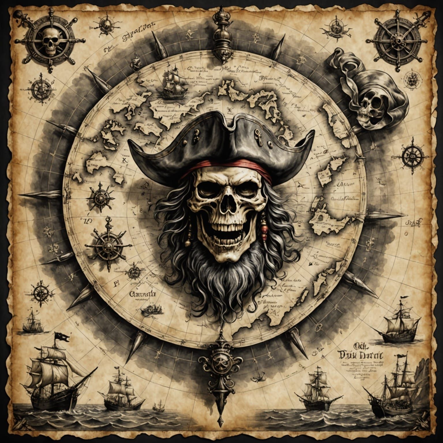 pirate map - Historic Pirate Chart in Charcoal Detail
