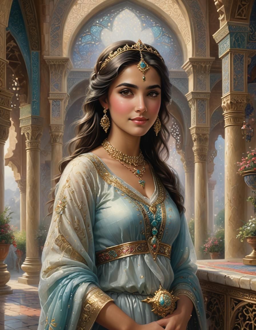 A beautiful Arab princess in a palace, Shy smile full of love, half ...
