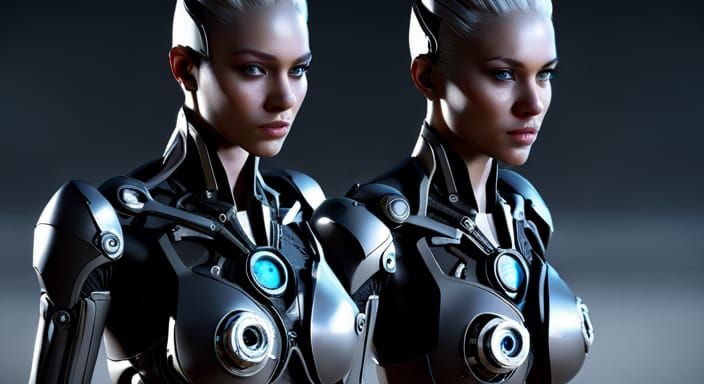 Androgynous human android with mechanical internals on right side torso ...