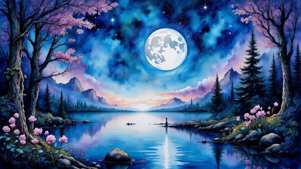 Luminous Lake Scene in Dreamlike Watercolor Style - AI Art