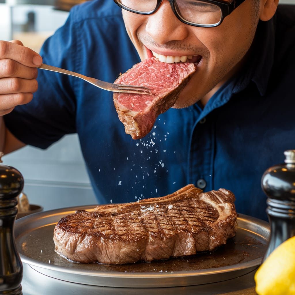 A Happy Customer Savoring a Juicy Ribeye Steak - AI Art