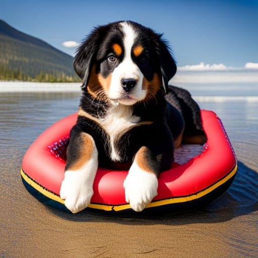 bernese mountain puppies in an inflatable raft - AI Generated Artwork ...