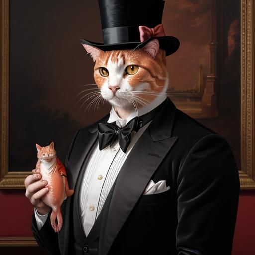 fancy fat cat wearing a bow tie and top hat, completely surrounded by ...