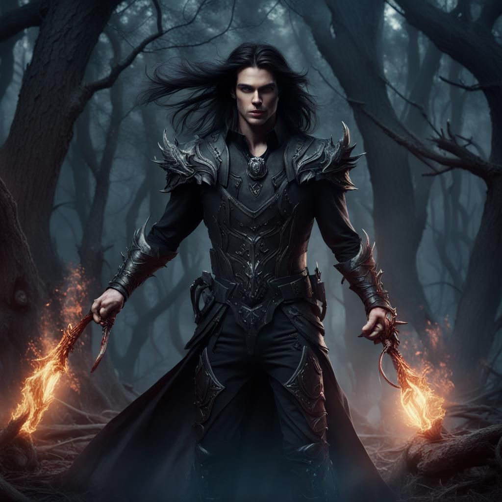 Dark long haired, handsome strong evil warlock, wearing black scary ...