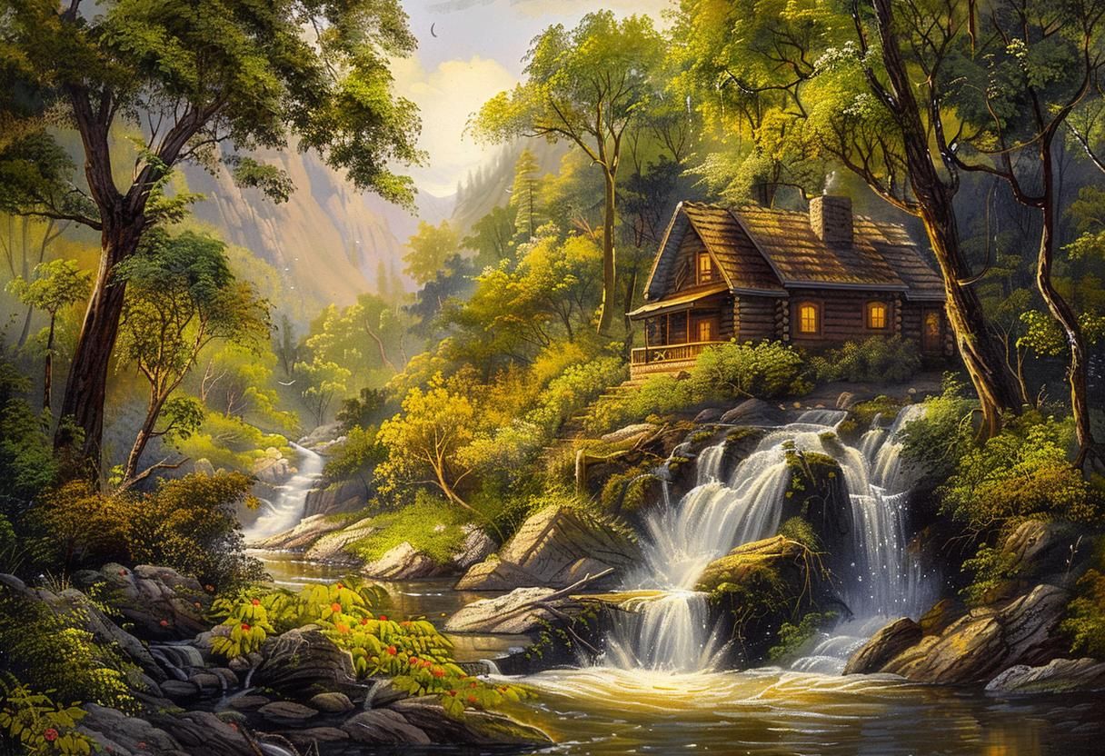 AR7x5-Cabin by a waterfall surrounded by lush greenery and trees in the ...