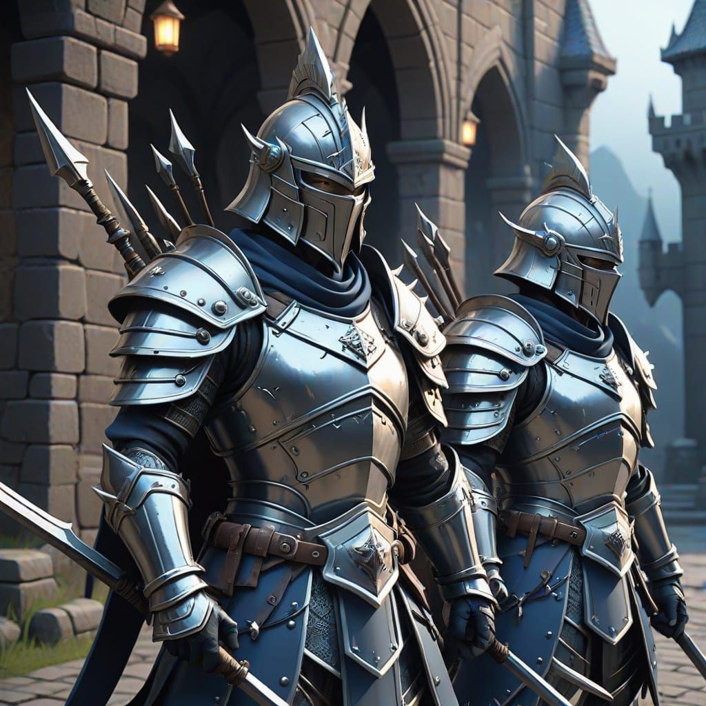 Medieval Dark Fantasy Guards in Ornate Armor and H... - AI Art