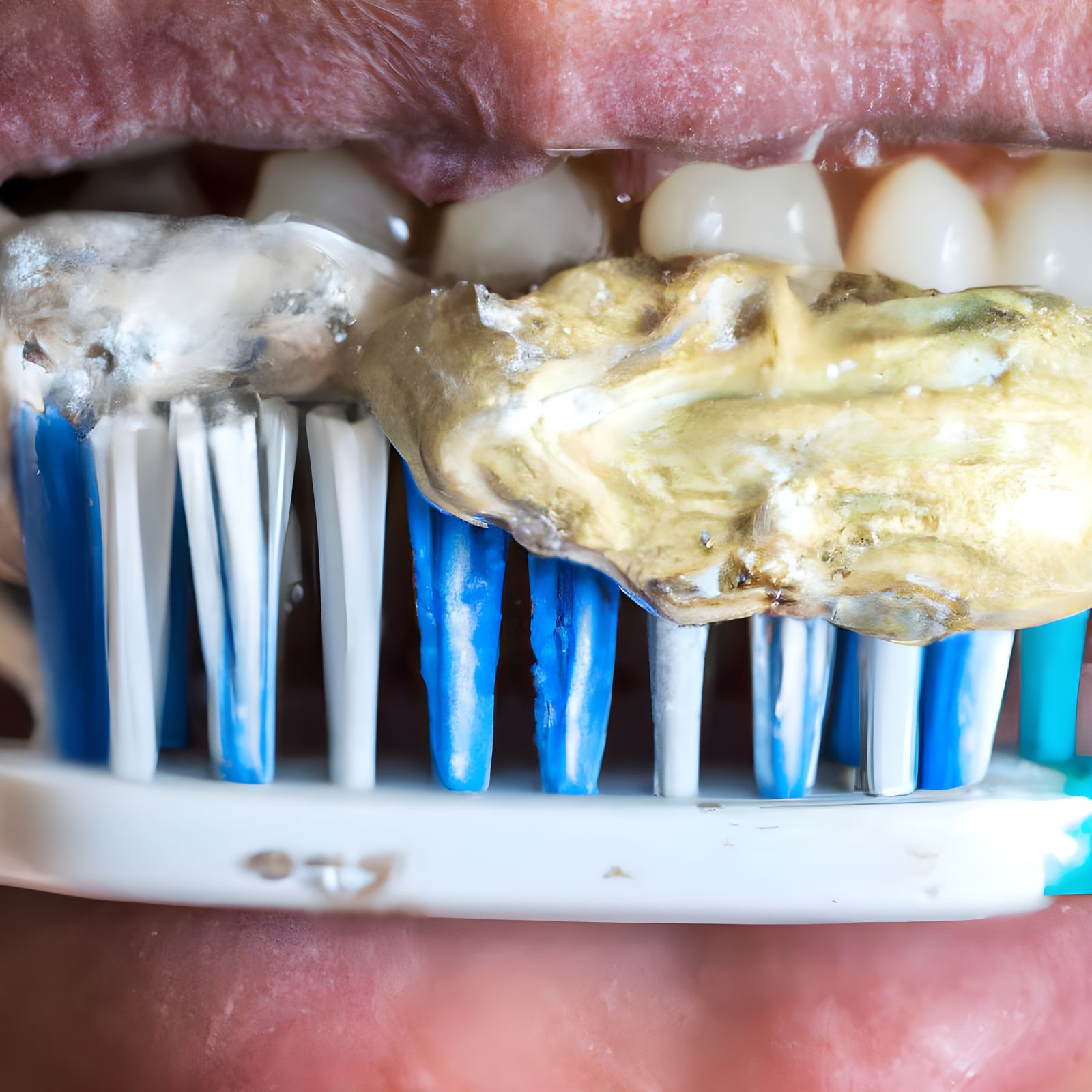 View from the toothbrush of half brushed teeth and inside of mouth ...