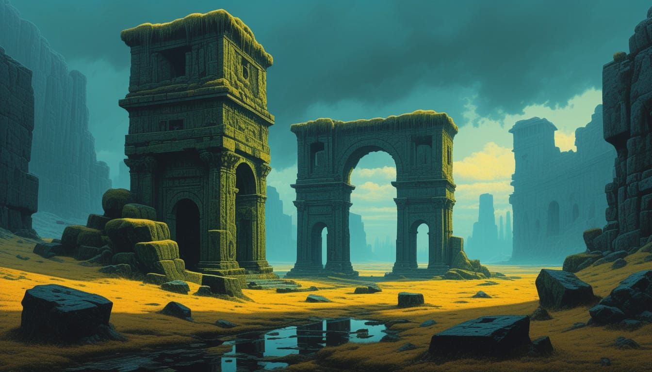 Surreal Ancient Masoned Arch in Mystical Landscape - AI Art