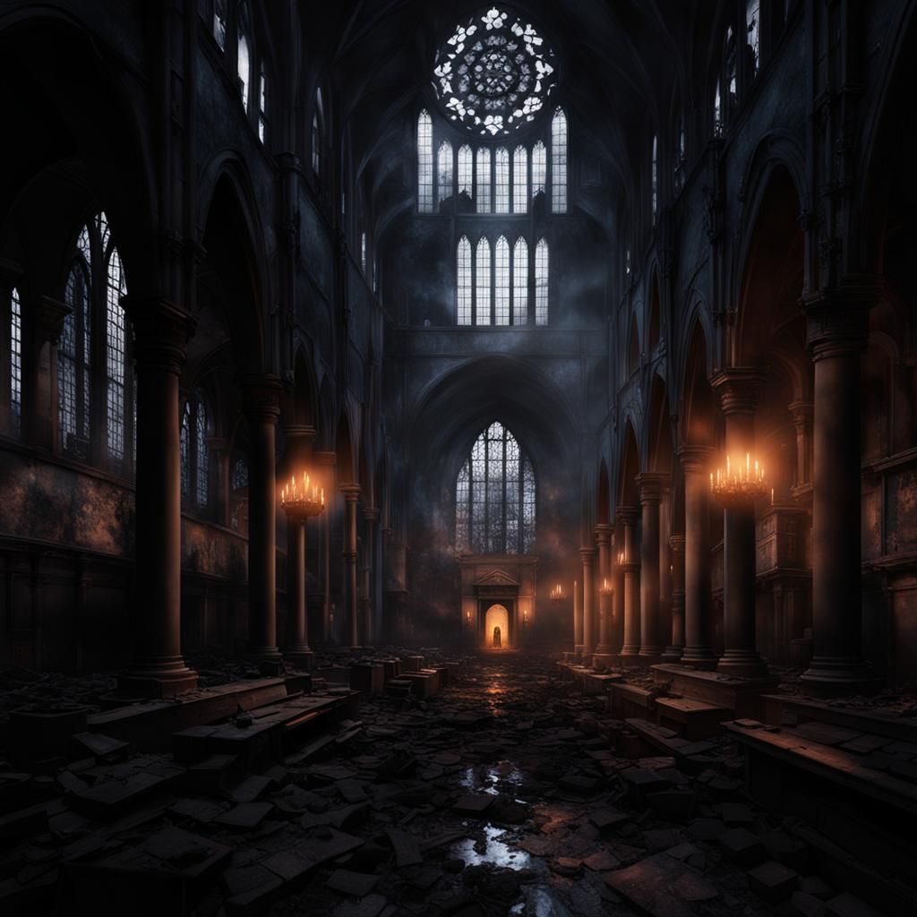 ultrarealistic dark dusk in the hall of the abandoned gothic ...