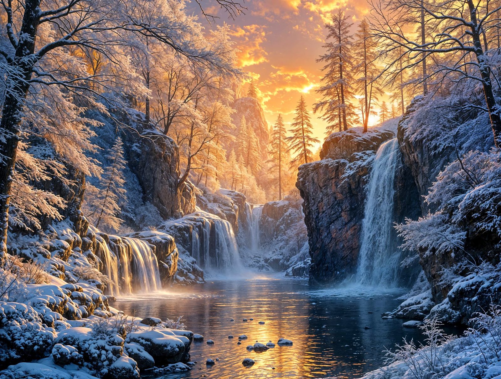 Waterfall scene - Surreal Snowy Wonderland in Vibrant Sunset...