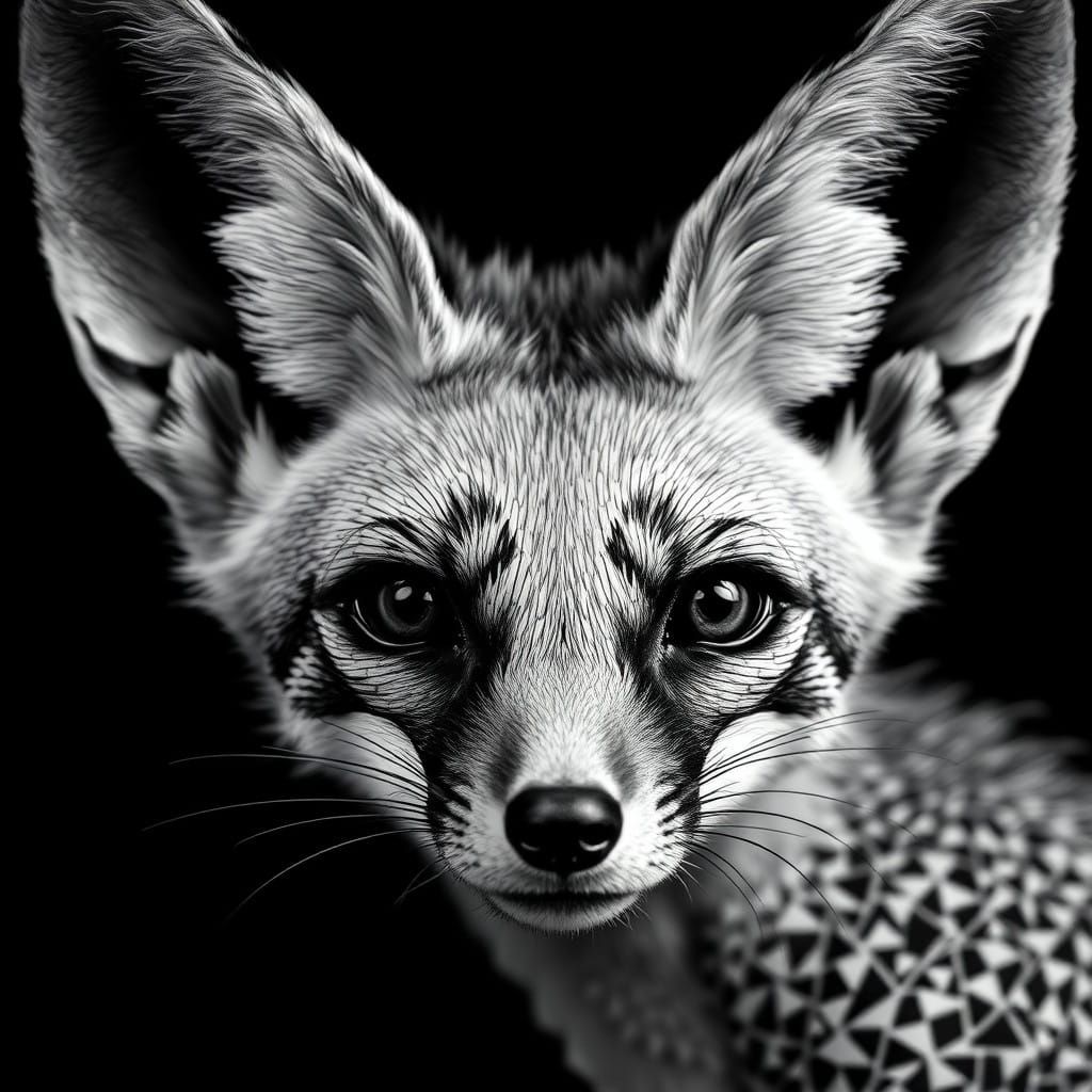 Intricate Geometric Fennec Fox Portrait in Black a... - AI Art