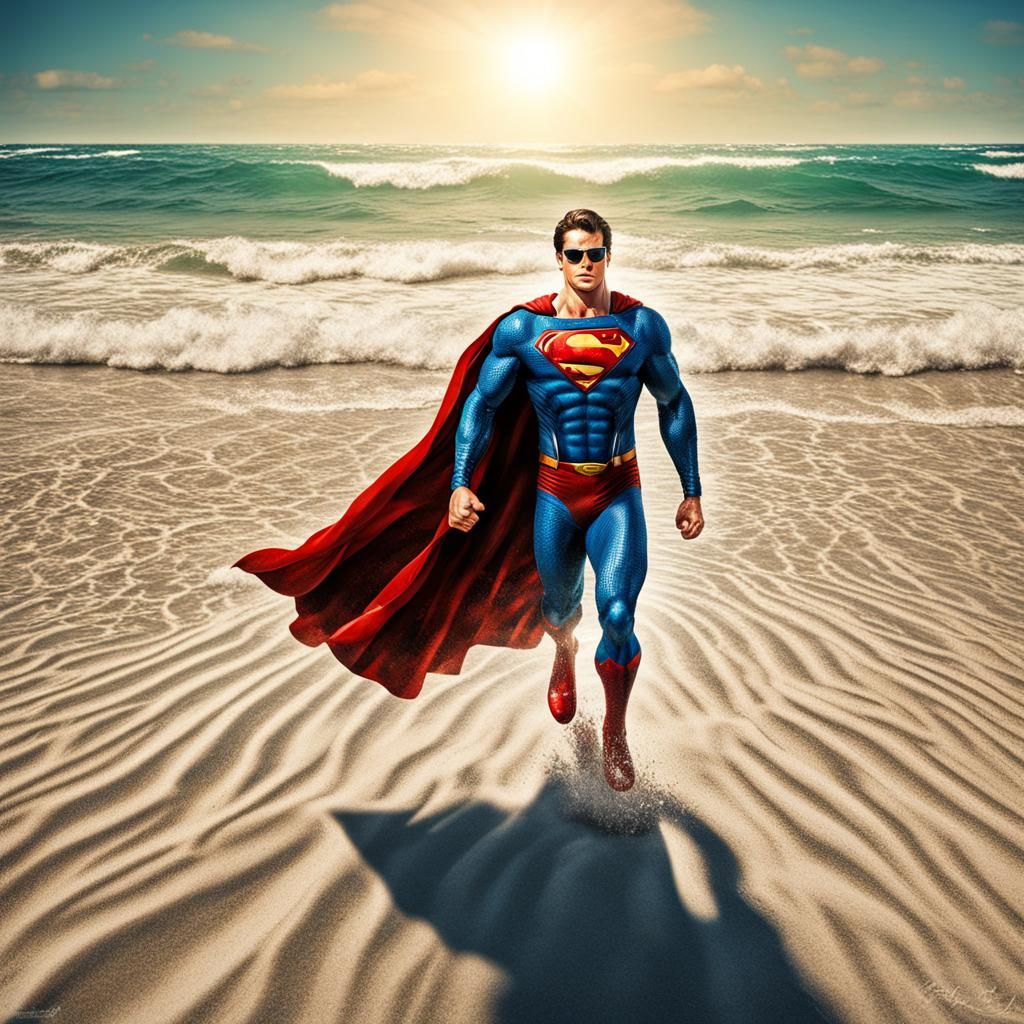 Superman walking on a beautiful beach wearing sunglasses, sun, sand ...