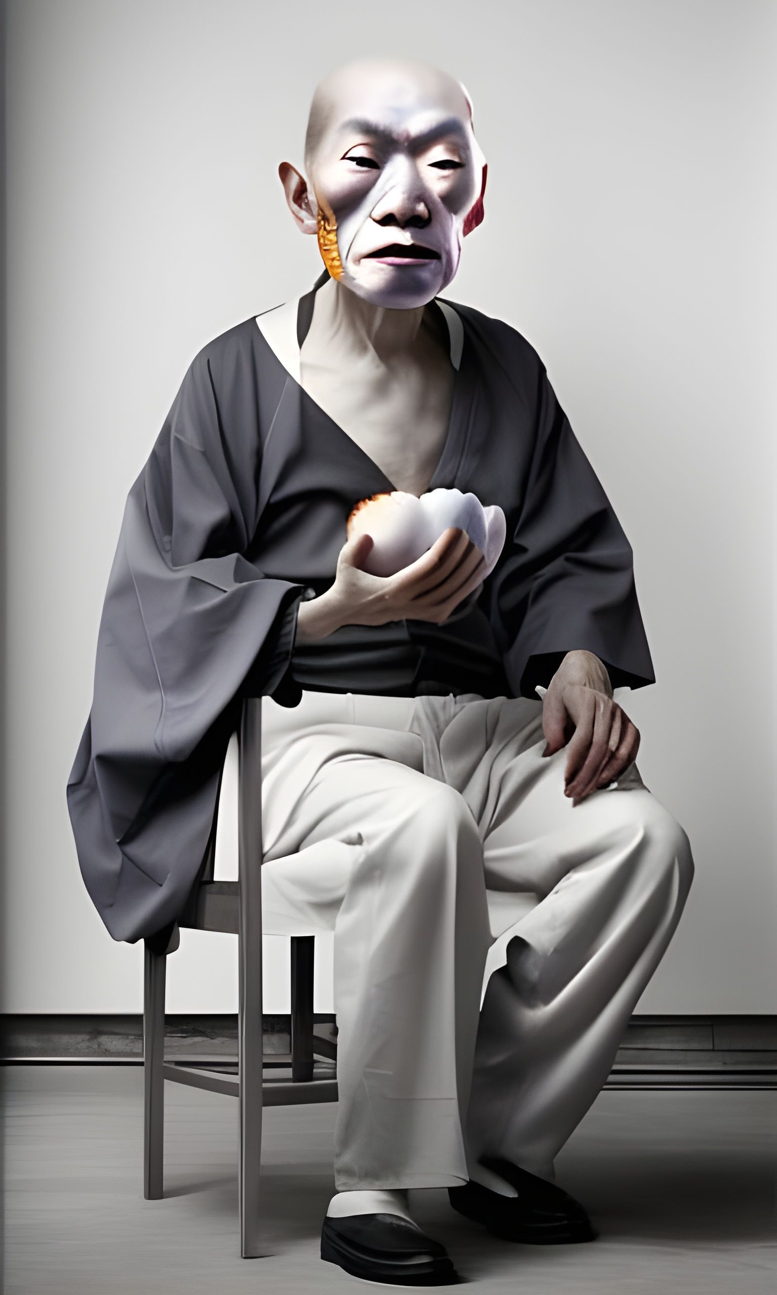Hyper Realistic Portrait of an aging Japanese man holding a demon heart ...