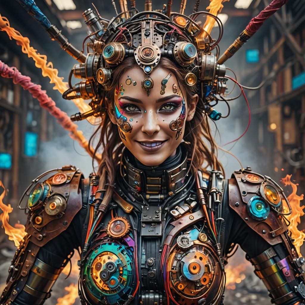 A steampunk humanoid cyborg girl made of circuits, gears, cables etc dressed in rainbow latex ...