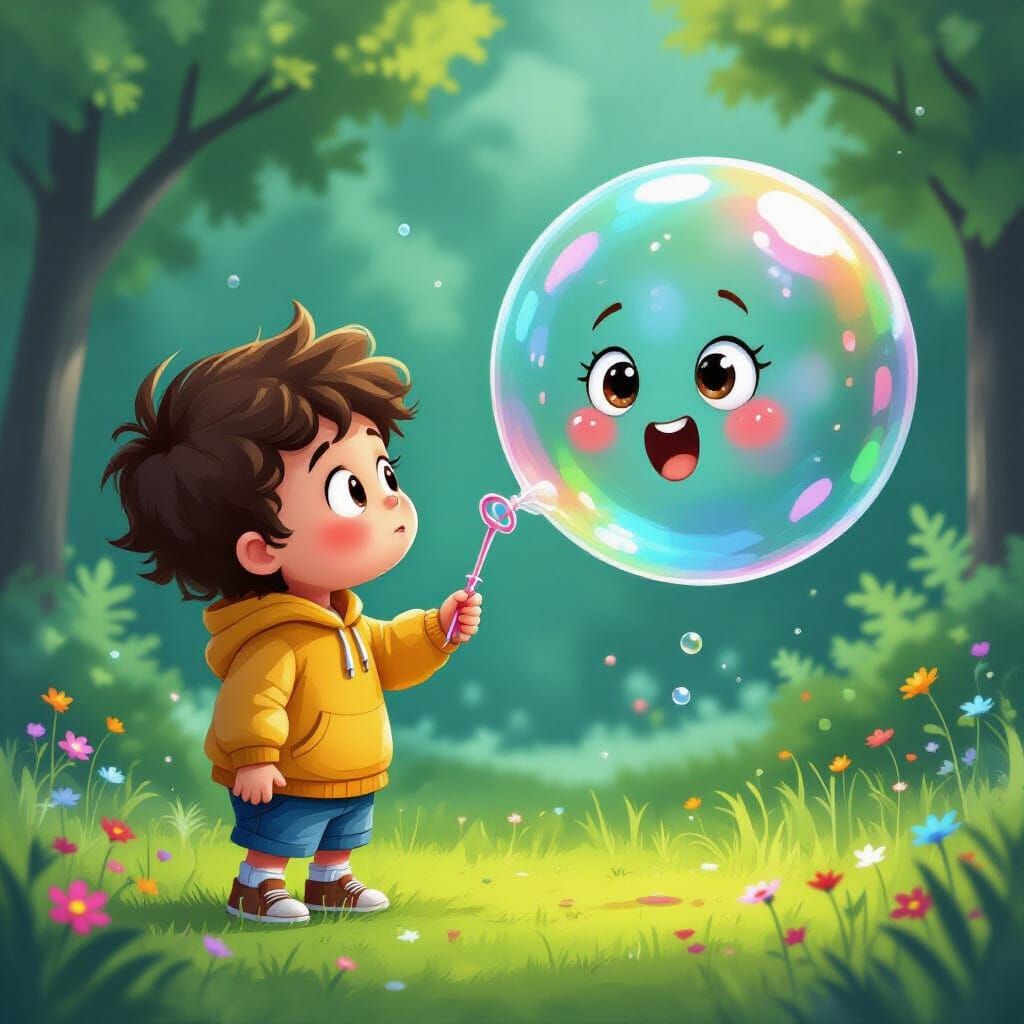 Child Creates Bubble Friend in Whimsical Fantasy - AI Art