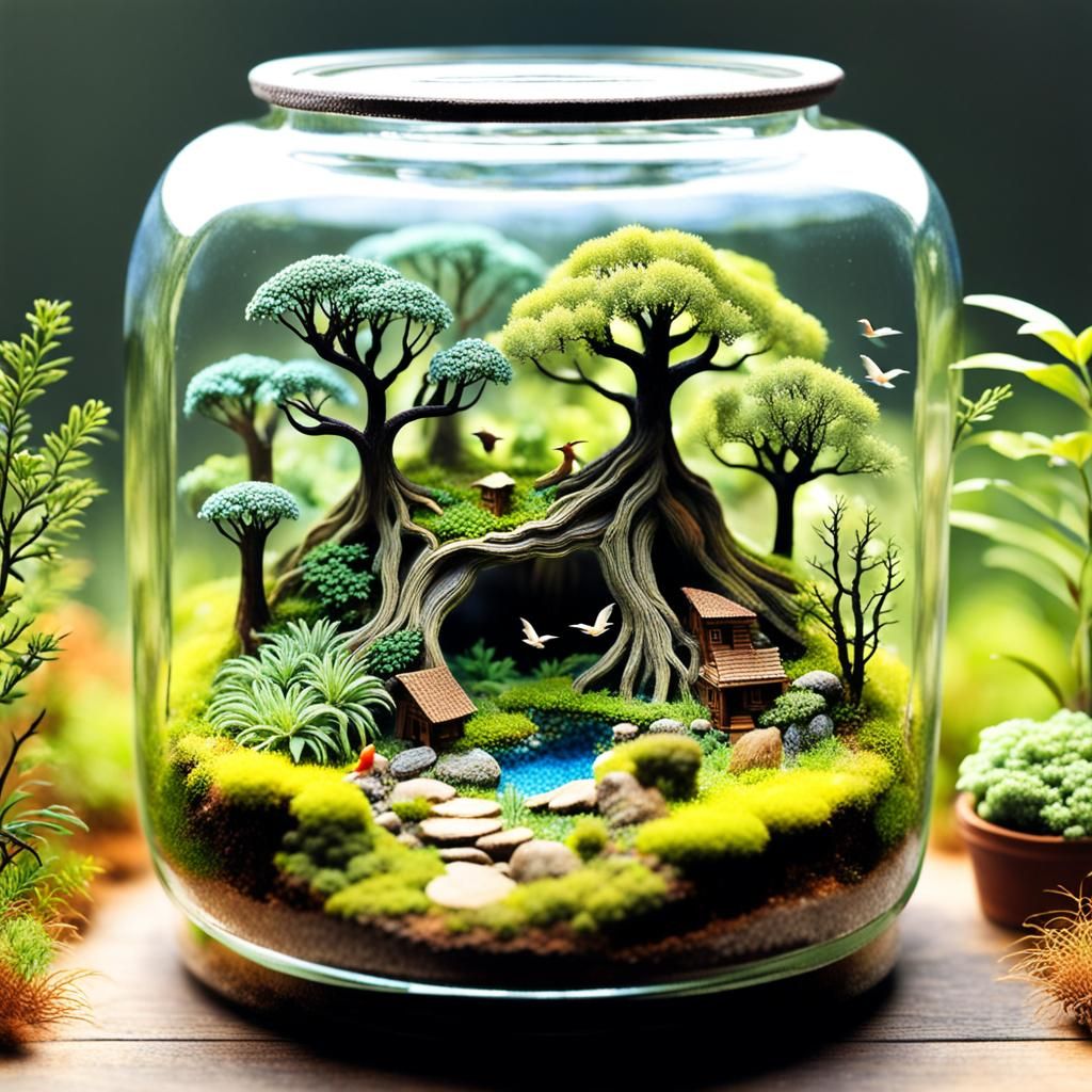 miniature ecosystem within a glass jar, showcasing a tiny, self ...
