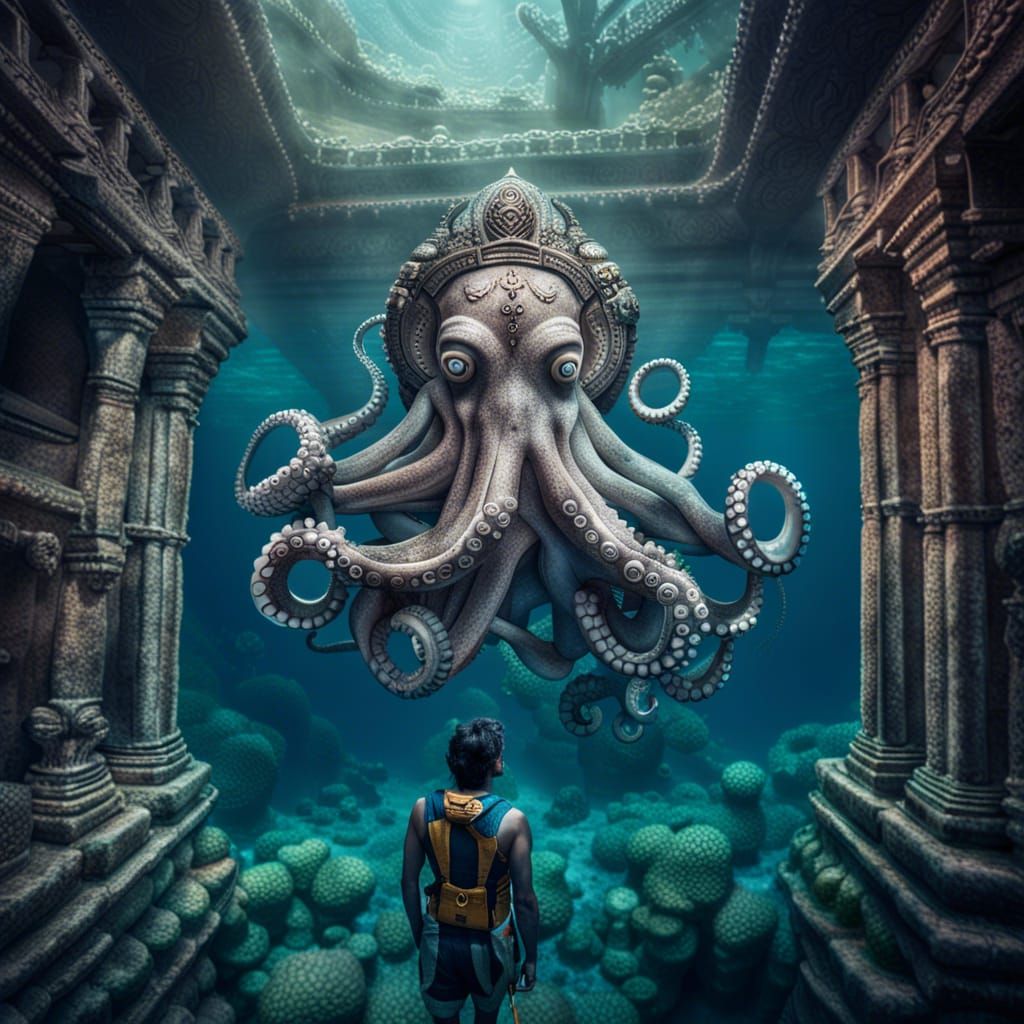 A Hindu octopus God guarding a lost underwater Indian library, as a ...
