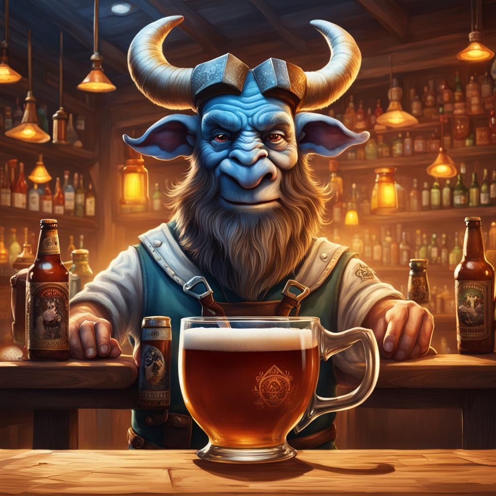 minotaur bartender serving a small pretty Gnome woman a mug of ale - AI ...