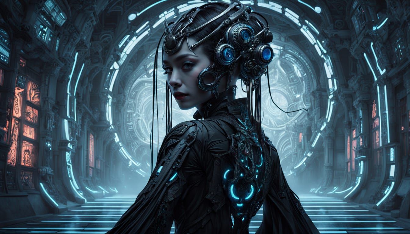 Cyborg Geisha Emerges from Biomechanical Cityscape - AI Art