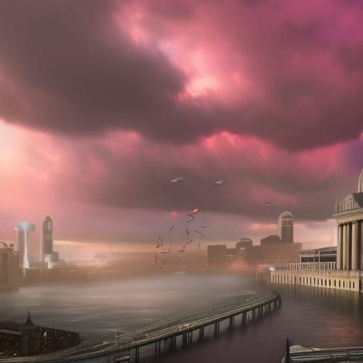 Silver skys turning into pink apocalypse over Liverpool Hyperrealistic ...