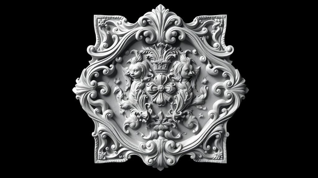 3d baroque relief, depth map, front view orthogonal, grayscale, no shadows, no light, no angle ...
