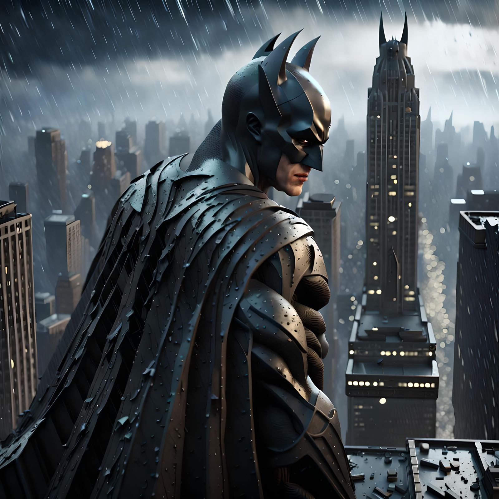 Batman face on the top of a skyscraper in gotham with his long torn ...