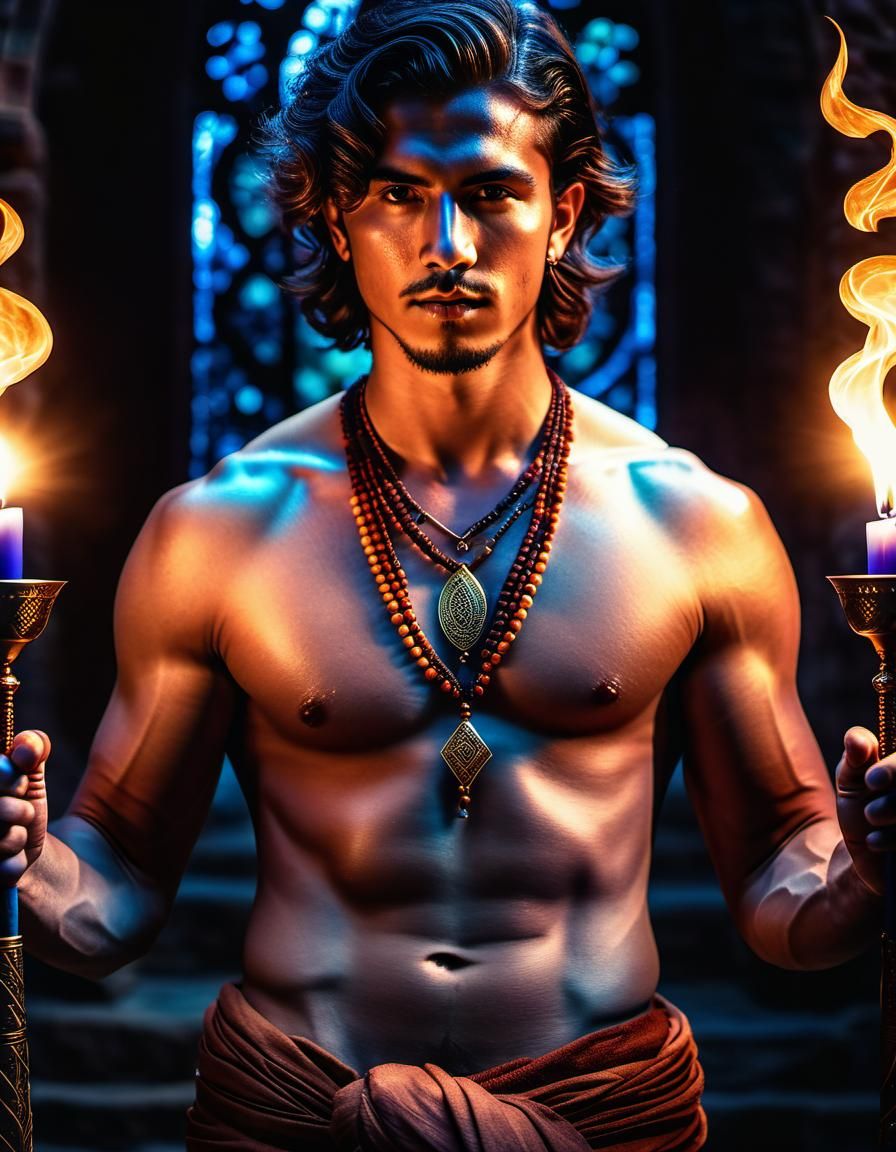 25-year-old Shirtless male mage, Spirit Guides, channelling ...