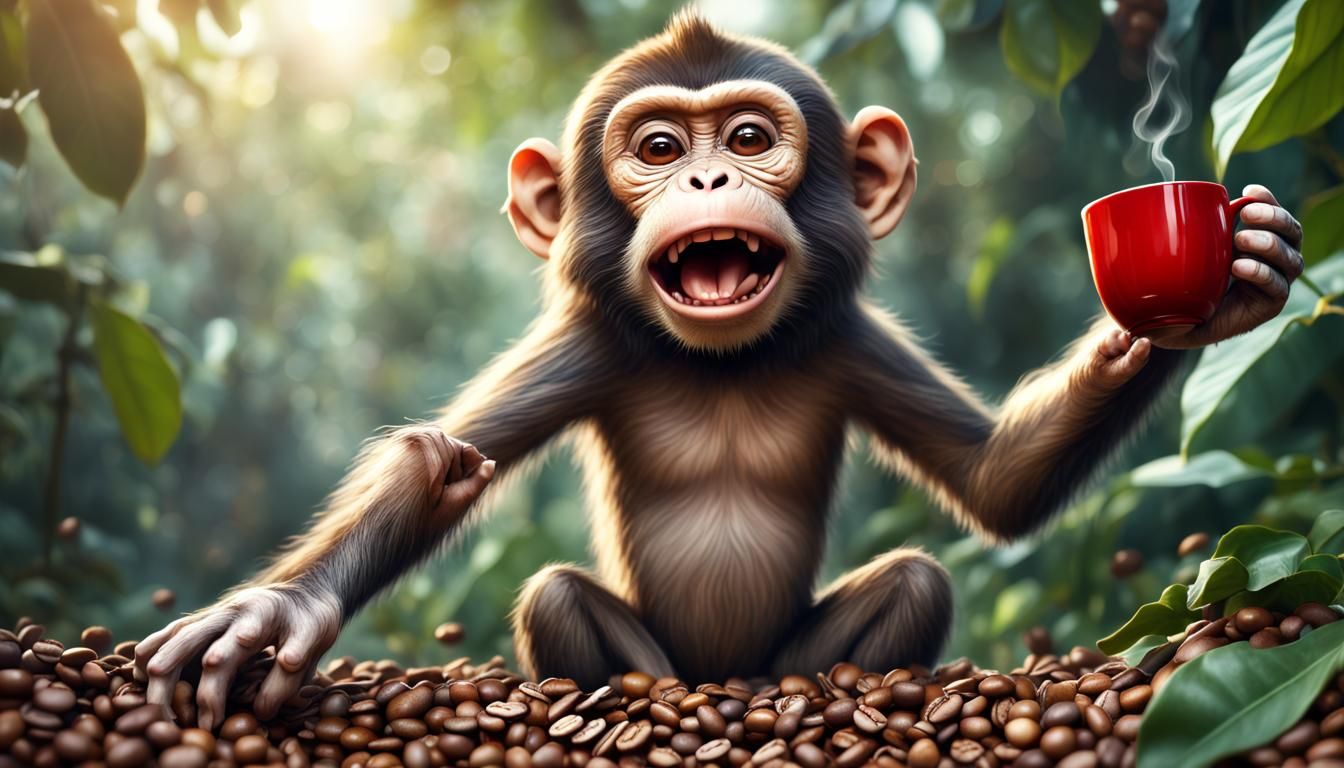 Cute adoreable Monkey drinking coffee - AI Generated Artwork ...
