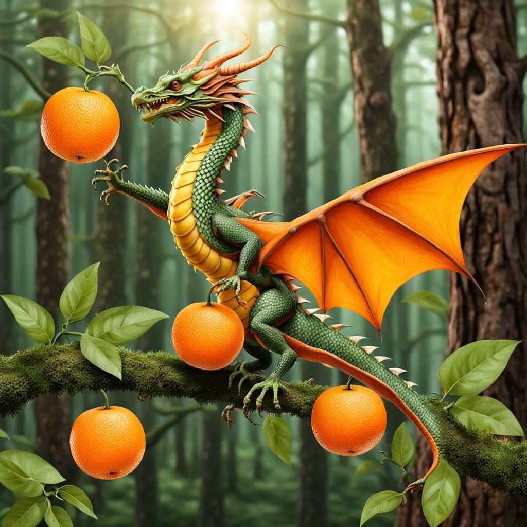 A dragon genetically combined with orange fruit. On a twiggy and lunch ...