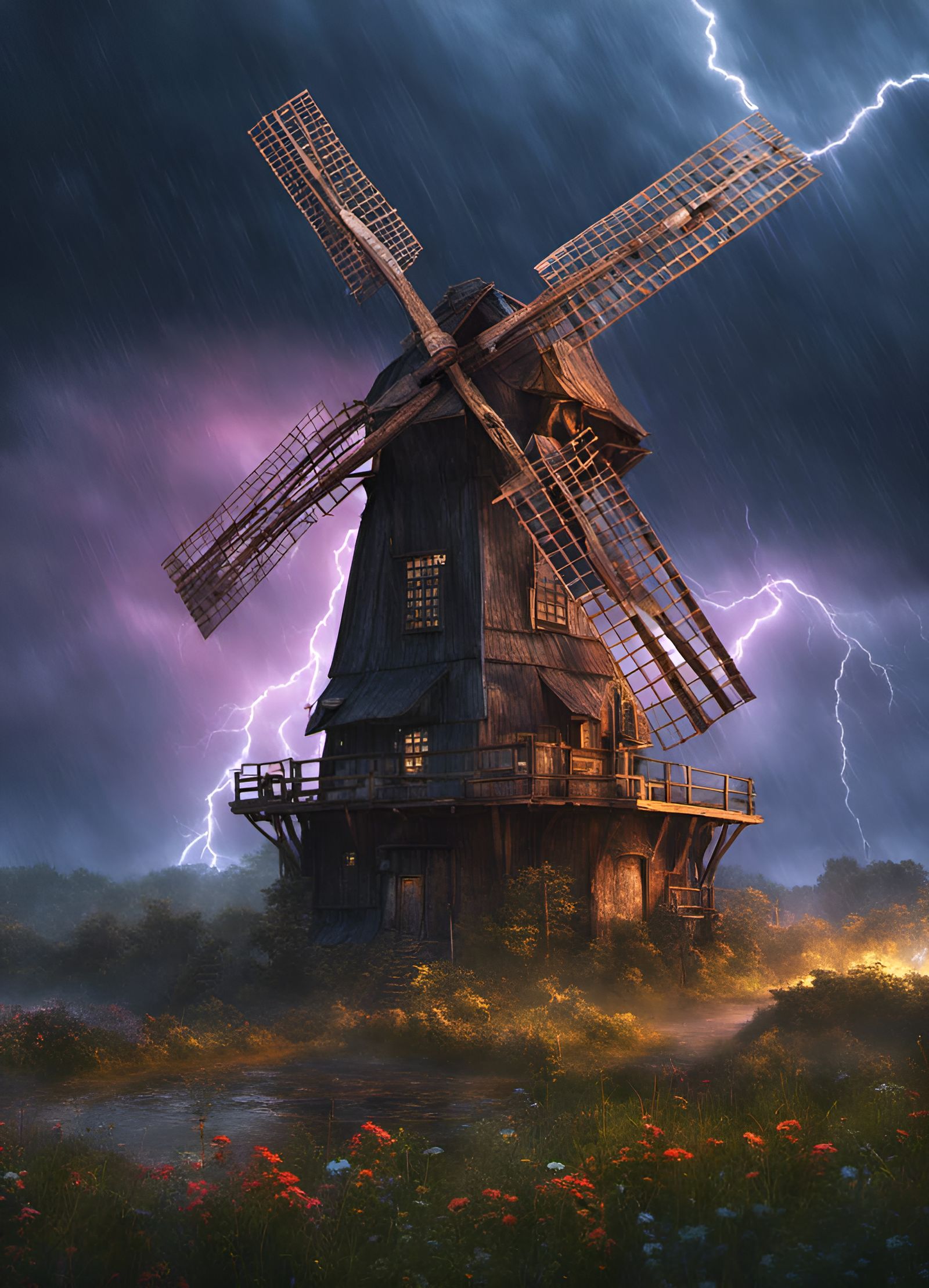 Unique crazy original looking windmill in a massive thunderstorm ...